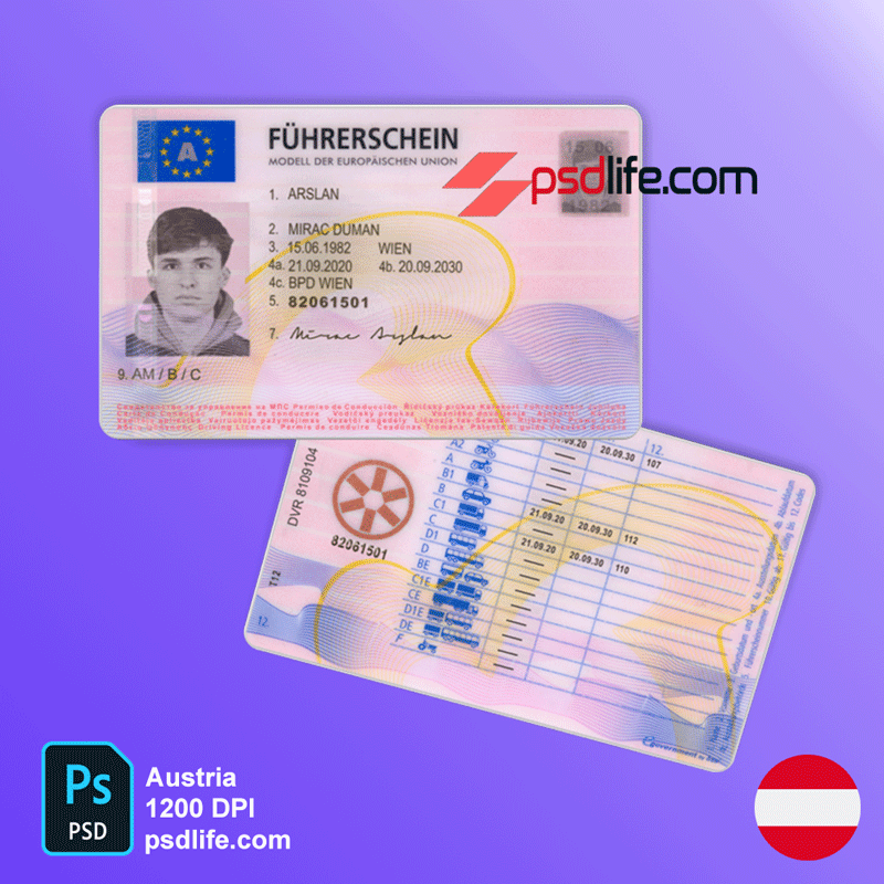 Austria driving licence psd template , full editable with all font