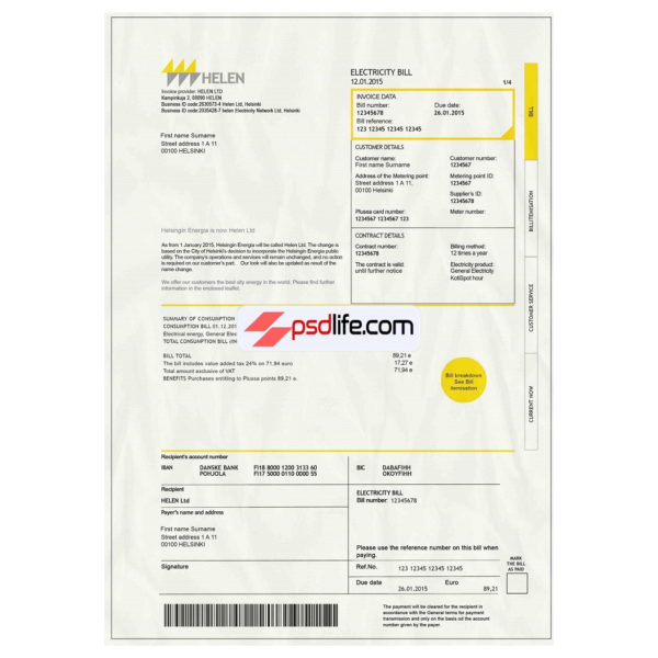 Finland Helen company electricity bill Psd Template for verify all account