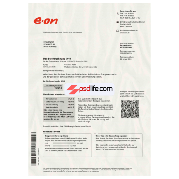 Germany EON company utility bill psd template pdf file for proof of address
