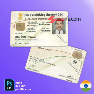 India drivers license psd template , full editable with all font