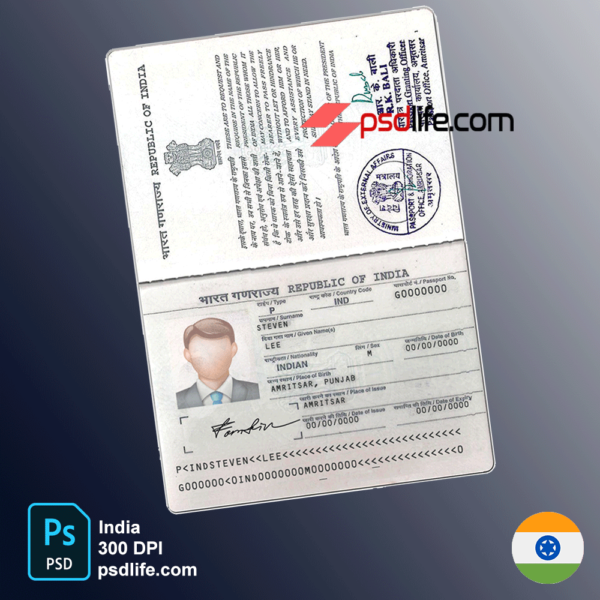 India passport psd template , full editable with all font