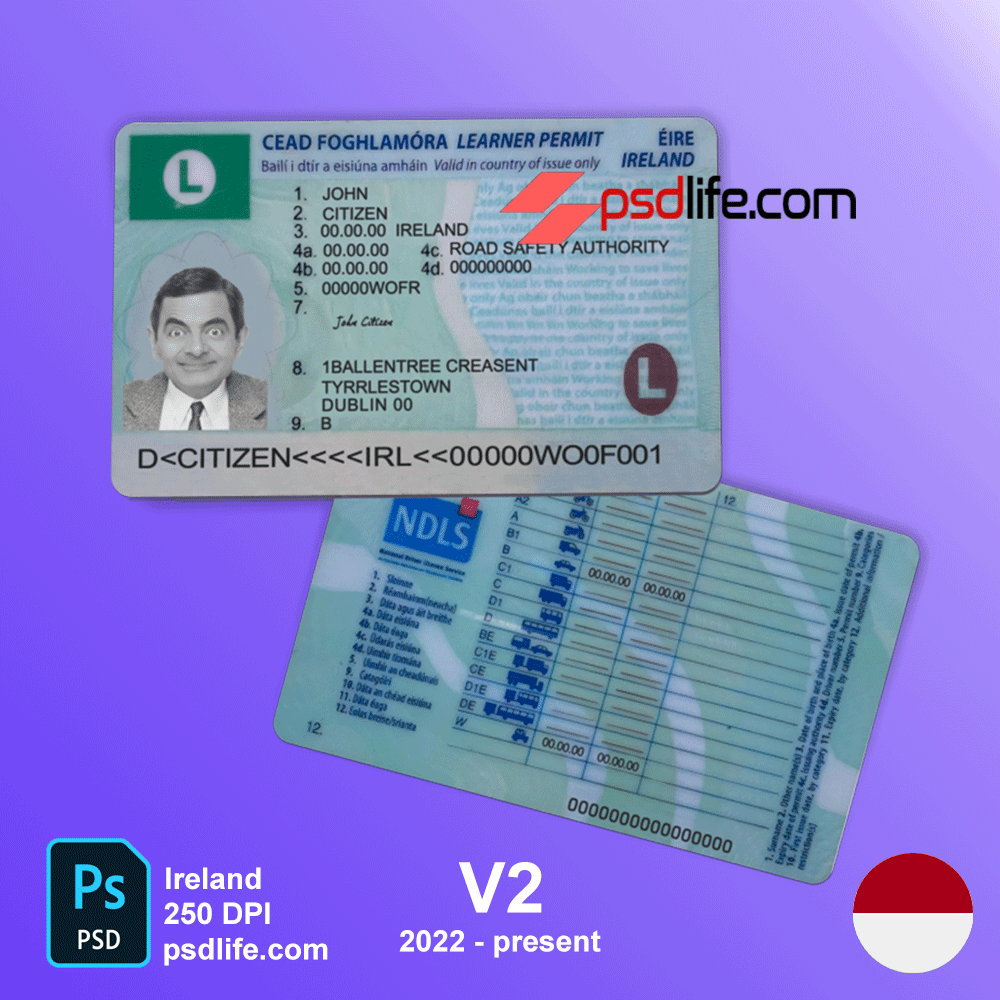 Ireland driving licence psd template , full editable with all font