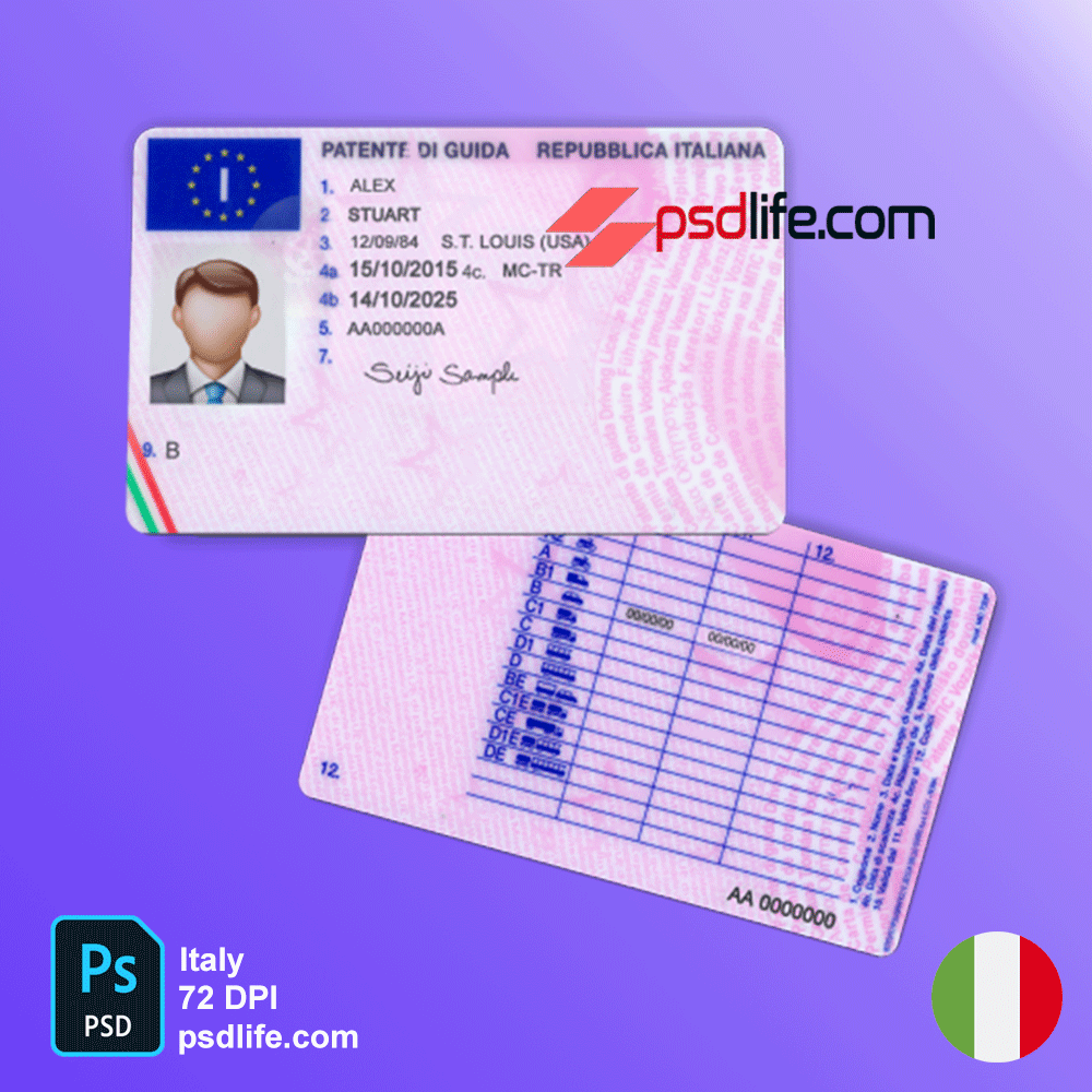 Italy driving licence psd template for Payoneer account verification