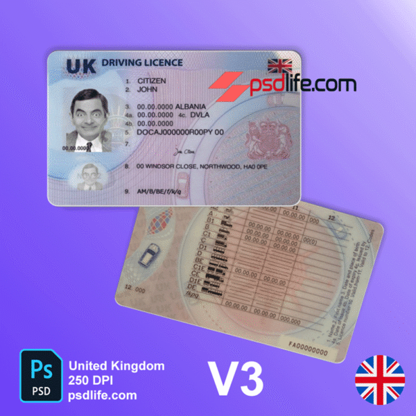 United Kingdom driving licence psd template image and content editable