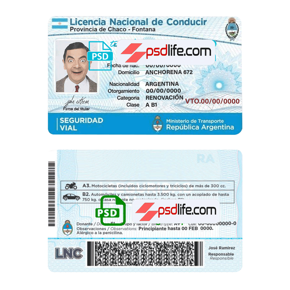 Argentina driving licence psd template , full editable with all font