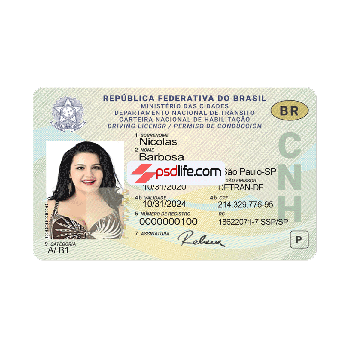 Brazil driving licence psd template , full editable with all font