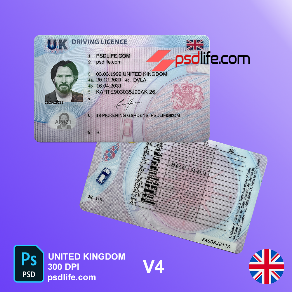 United Kingdom driving licence psd template image and content editable