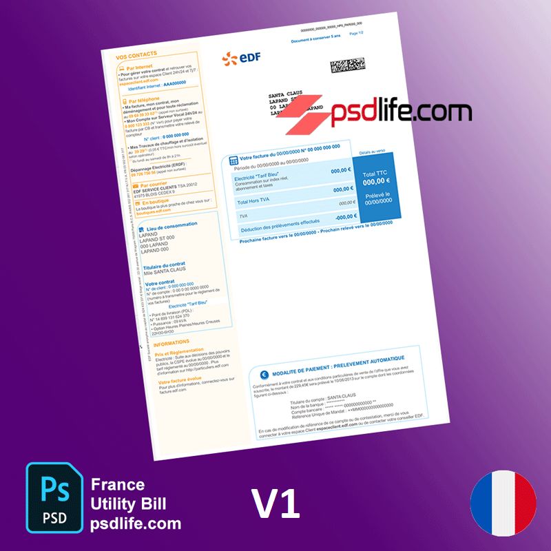 France EDF electricity & other 2 utility bill psd template download all ...