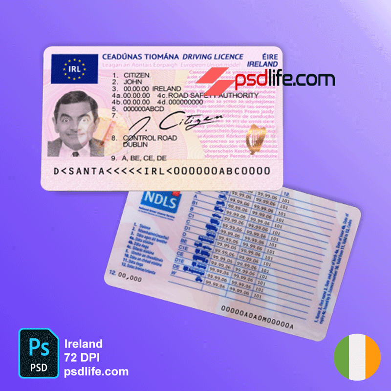 Ireland driving licence psd template , full editable with all font
