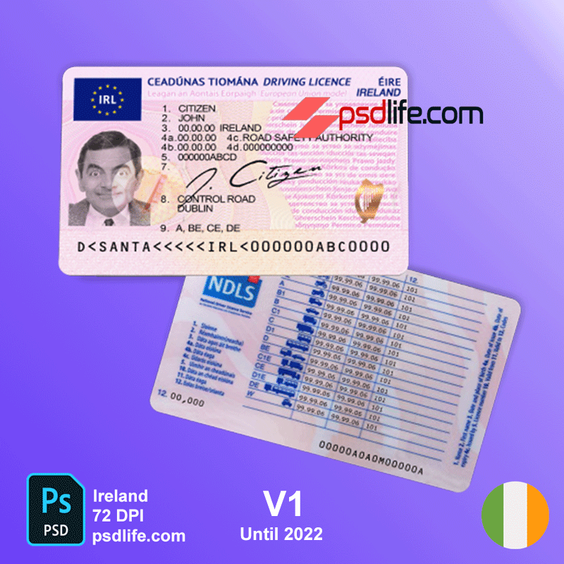 Ireland driving licence psd template , full editable with all font