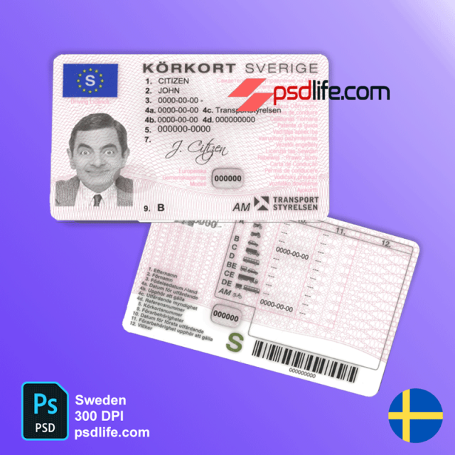 sweden drivers license psd template , full editable with all font