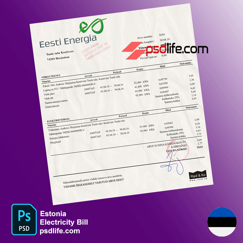 Estonia energy Utility Bill Psd Template for Ebay account verification