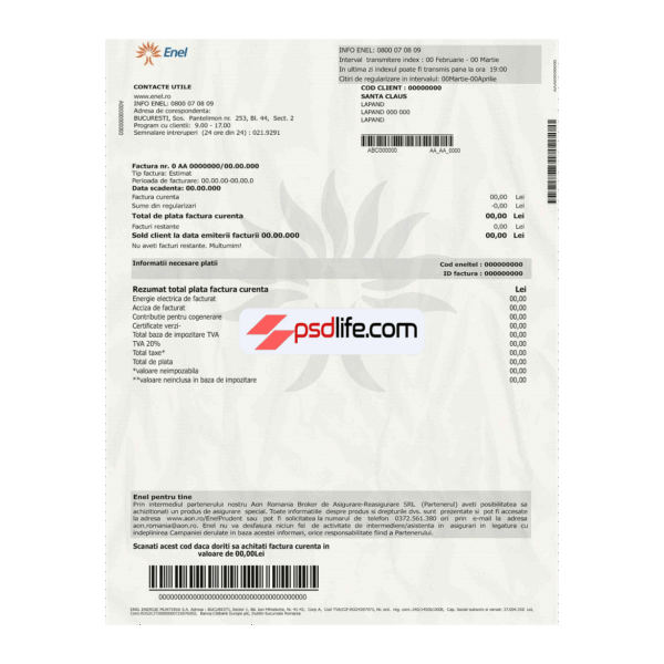 Romania Enel electricity utility bill template in photoshop format