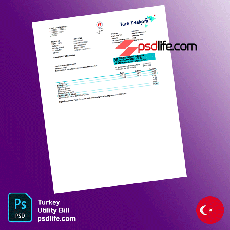 Turkey telephone Bill photoshop document in word and pdf format