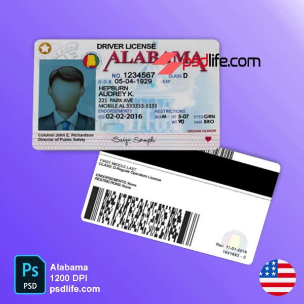 Alabama driving licence photoshop document template print size photoshop