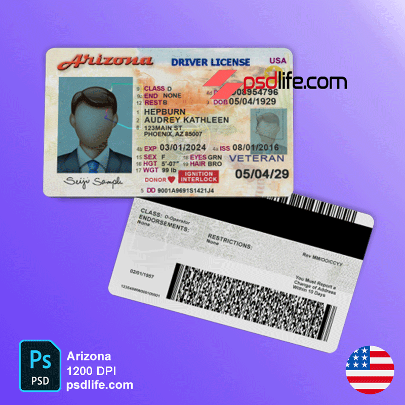 Arizona driving license psd template for Commercial Endorsements and verify