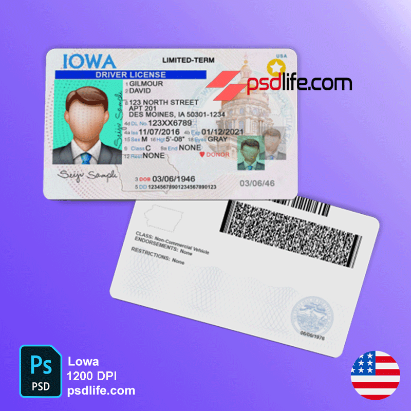 Iowa driving license psd template