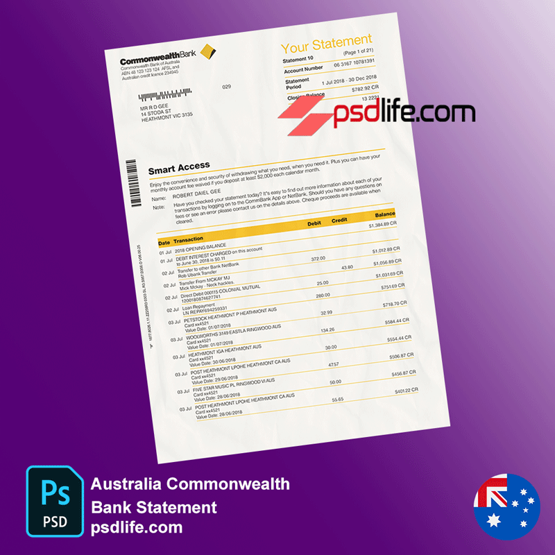 bank statement Australia commonwealth bank psd template Shopping Card ...