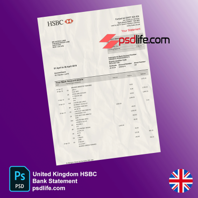 England HSBC bank statement psd template whit abbreviations ⭐⭐⭐️⭐️⭐️