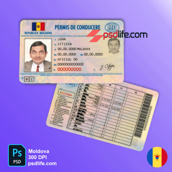 Moldova driver licence editable psd template Manual and Automatic
