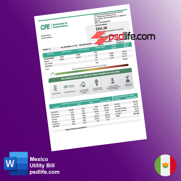 Mexican Federal Electricity Commission (CFE) utility bill psd template ...