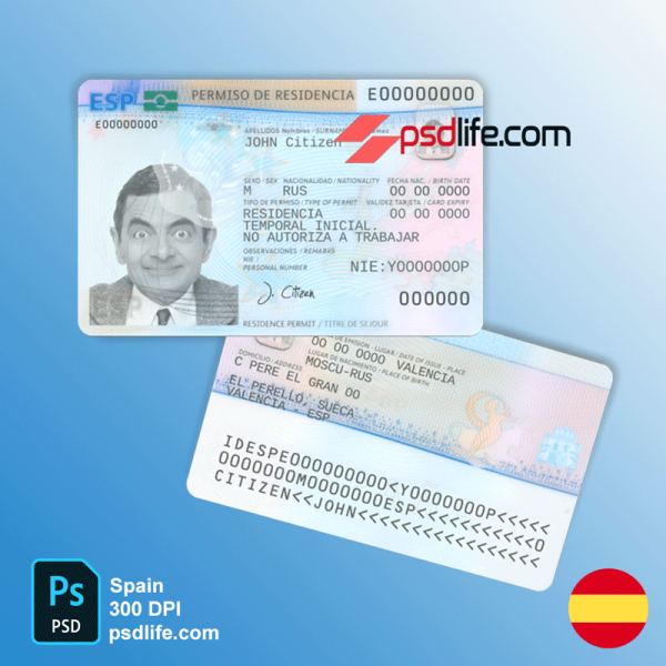 Spain residence permit fake Psd Template editable | Spanish residency ...
