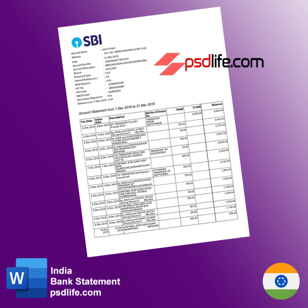 India bank statement psd template free download