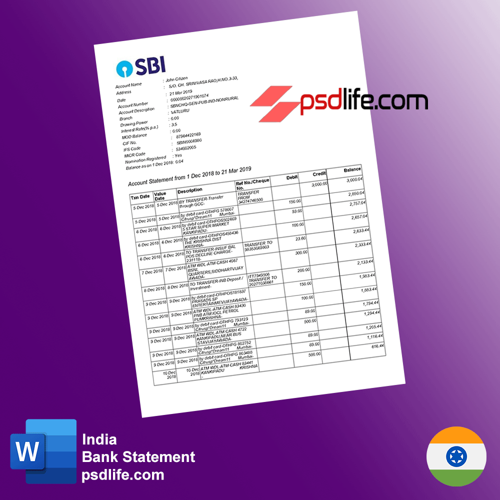 India bank statement psd template free download