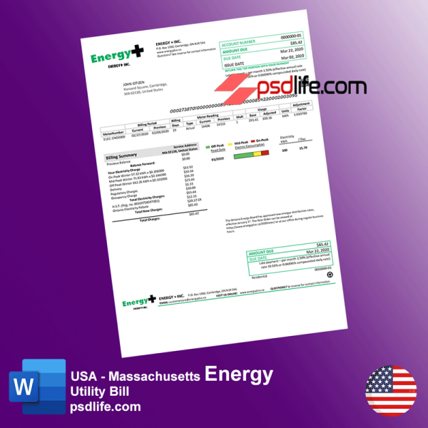 USA Massachusetts fake utility bill for proof of address utility bill template