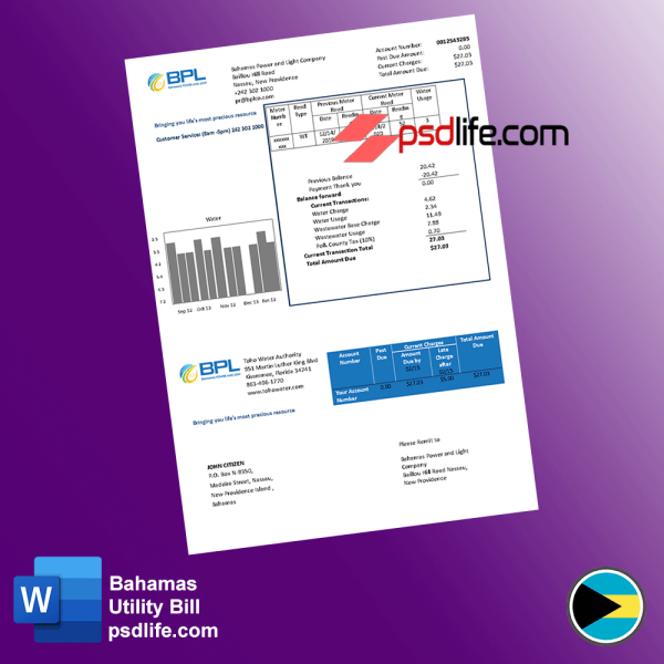 Bahamas Power and Light Company utility bill word template